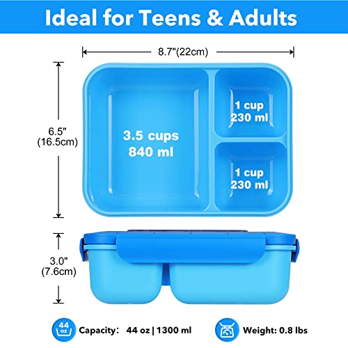 Caperci Premium Bento Box Adult Lunch Box for Older Kids - Leakproof 44 oz 3-Compartment Lunch Containers for Adults and Teens, Ergonomic Design, Built-in Utensil Set & BPA Free (Blue)