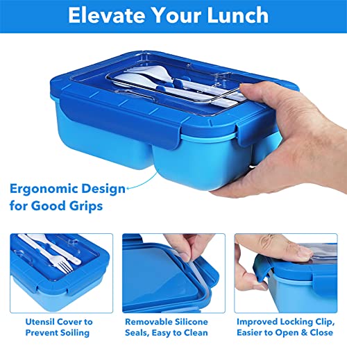 Caperci Premium Bento Box Adult Lunch Box for Older Kids - Leakproof 44 oz 3-Compartment Lunch Containers for Adults and Teens, Ergonomic Design, Built-in Utensil Set & BPA Free (Blue)