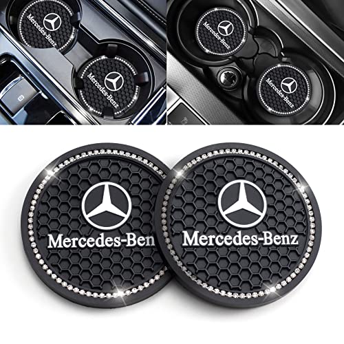 AiGMY HAUNOTI Car Cup Holder Coaster Compatible with Mercedes Benz A-Class C-Class CLA CLS AMG GLC GLE GLS Lovely Ladies Accessories, Inside Shiny Insert Pad Set 2.76in Round (Black 2 Pieces)