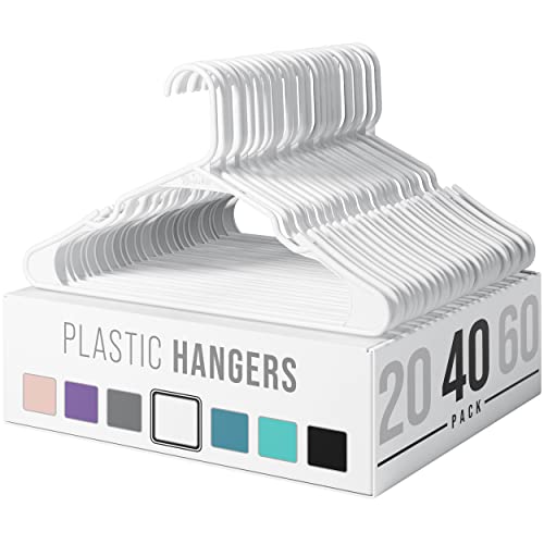 Plastic Clothes Hangers Heavy Duty - Durable Coat and Clothes Hangers - Lightweight Space Saving Laundry Hangers - Dorm Room Essentials for Collage Students Guys, Boys or Girls (40 Pack - White)