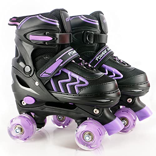 Kids Roller Skates for Girls Ages 6-12, Black&Purple 4 Sizes Adjustable Boys Roller Skates with Light up Wheels Medium Size