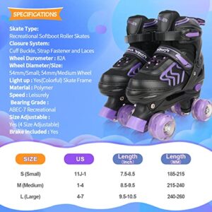 Kids Roller Skates for Girls Ages 6-12, Black&Purple 4 Sizes Adjustable Boys Roller Skates with Light up Wheels Medium Size