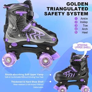 Kids Roller Skates for Girls Ages 6-12, Black&Purple 4 Sizes Adjustable Boys Roller Skates with Light up Wheels Medium Size