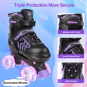 Kids Roller Skates for Girls Ages 6-12, Black&Purple 4 Sizes Adjustable Boys Roller Skates with Light up Wheels Medium Size