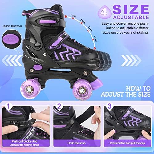 Kids Roller Skates for Girls Ages 6-12, Black&Purple 4 Sizes Adjustable Boys Roller Skates with Light up Wheels Medium Size