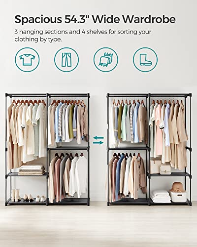 SONGMICS Clothes Rack, Garment Racks for Hanging Clothes, Portable Wardrobe Closet with 3 Hanging Rods and Shelves, Freestanding Closet Organizer, 16.9 x 54.3 x 71.7 Inches, Black URYG025B02