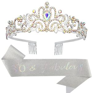 30th birthday decorations for women, silver 30 & fabulous birthday sash and tiara for women, 30th birthday sash 30th birthday gifts for her 30 birthday decorations birthday crown