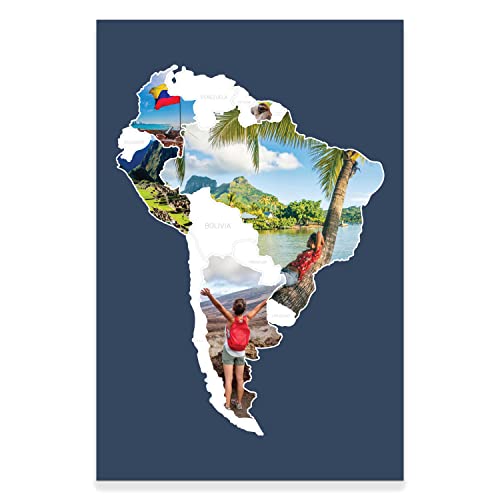 South America Photo Map - Travel Sticker Collage - 24 x 36” - Made in USA (Dark Blue, No Frame Hanger)