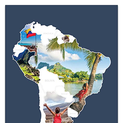 South America Photo Map - Travel Sticker Collage - 24 x 36” - Made in USA (Dark Blue, No Frame Hanger)