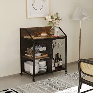 Easyzon Industrial Coffee Bar Cabinet, Rolling Liquor Cabinet Bar for Home with Metal Mesh Doors, Bar Unit on Wheels