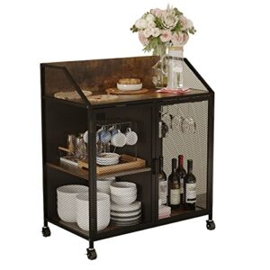 Easyzon Industrial Coffee Bar Cabinet, Rolling Liquor Cabinet Bar for Home with Metal Mesh Doors, Bar Unit on Wheels