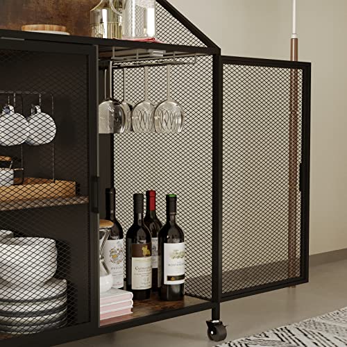 Easyzon Industrial Coffee Bar Cabinet, Rolling Liquor Cabinet Bar for Home with Metal Mesh Doors, Bar Unit on Wheels