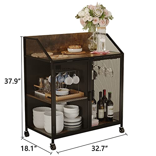 Easyzon Industrial Coffee Bar Cabinet, Rolling Liquor Cabinet Bar for Home with Metal Mesh Doors, Bar Unit on Wheels