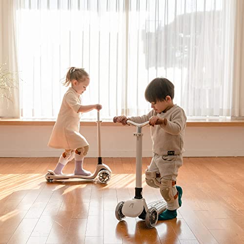 MomnLittle Foldable Scooter with LED Light-up 3 Wheel for Kids Ages 3-10 (Beige) Adjustable Height Kick Scooter for Toddler