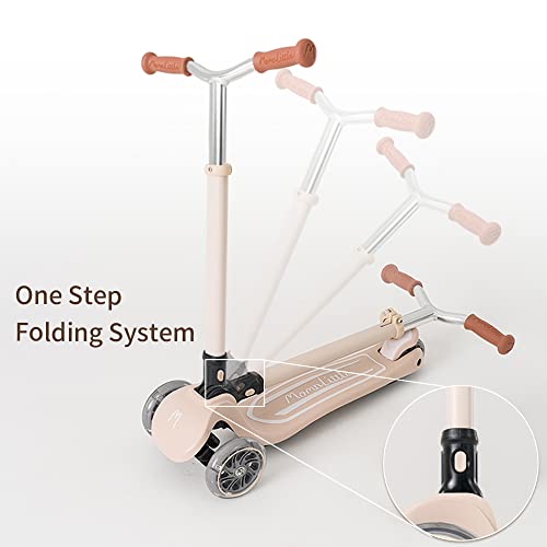 MomnLittle Foldable Scooter with LED Light-up 3 Wheel for Kids Ages 3-10 (Beige) Adjustable Height Kick Scooter for Toddler