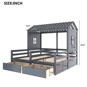 Twin House Beds for 2 Kids Wood Double Platform Bed Frame with Storage Drawers for Boys Girls Teens, Gray