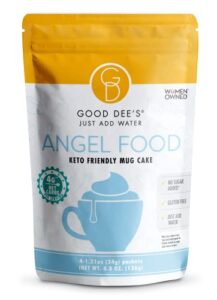 good dee's angel food cake, keto mug cake, gluten free, no sugar added, 4g net carbs, no sugar alcohols, 4 packets per bag