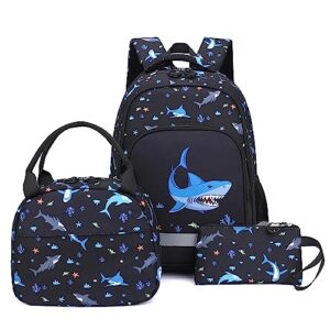 befunirise school backpack kids set middle elementary preschool kindergarten with lunch bag & pencil case bookbags for boys girls teen (shark-black)