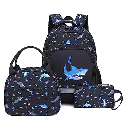 BEFUNIRISE School Backpack Kids Set Middle Elementary Preschool Kindergarten with Lunch Bag & Pencil Case Bookbags for Boys Girls Teen (Shark-Black)