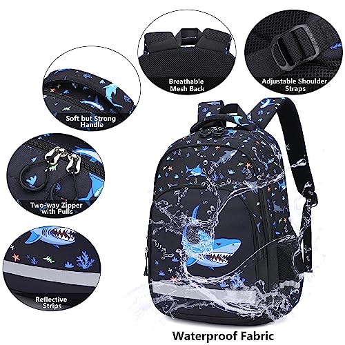 BEFUNIRISE School Backpack Kids Set Middle Elementary Preschool Kindergarten with Lunch Bag & Pencil Case Bookbags for Boys Girls Teen (Shark-Black)