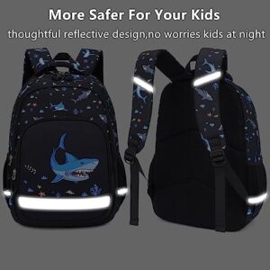 BEFUNIRISE School Backpack Kids Set Middle Elementary Preschool Kindergarten with Lunch Bag & Pencil Case Bookbags for Boys Girls Teen (Shark-Black)