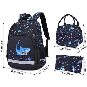 BEFUNIRISE School Backpack Kids Set Middle Elementary Preschool Kindergarten with Lunch Bag & Pencil Case Bookbags for Boys Girls Teen (Shark-Black)