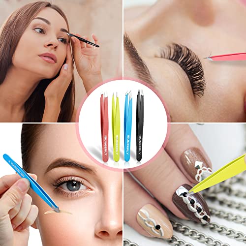 Tweezers Set, 4Pcs Tweezers for Women with Travel Leather Case, Professional Stainless Steel Eyebrows Tweezers, Great Precision Tweezers for Ingrown Hair, Facial Hair, Splinter Removal (Multi-Color)