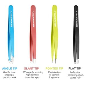 Tweezers Set, 4Pcs Tweezers for Women with Travel Leather Case, Professional Stainless Steel Eyebrows Tweezers, Great Precision Tweezers for Ingrown Hair, Facial Hair, Splinter Removal (Multi-Color)