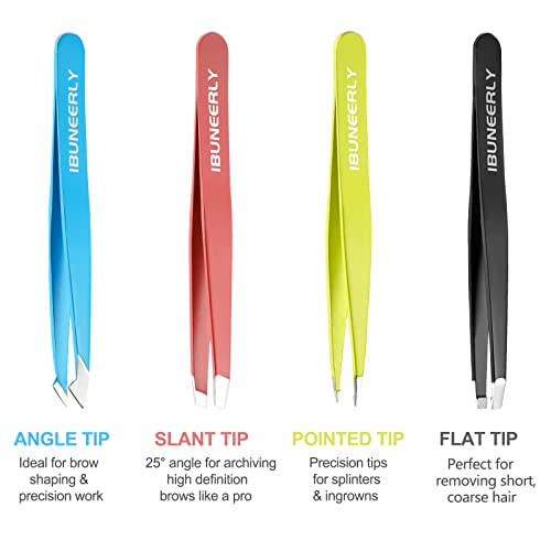 Tweezers Set, 4Pcs Tweezers for Women with Travel Leather Case, Professional Stainless Steel Eyebrows Tweezers, Great Precision Tweezers for Ingrown Hair, Facial Hair, Splinter Removal (Multi-Color)