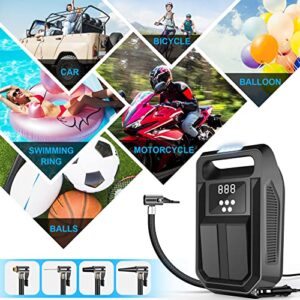 Tire Inflator Portable Air Compressor 12V DC Car Air Pump with Digital Display, LED Light, Auto Shut Off Function, Set of Nozzle Adaptors for Car, Motorcycle, Bicycle, Ball (Black)