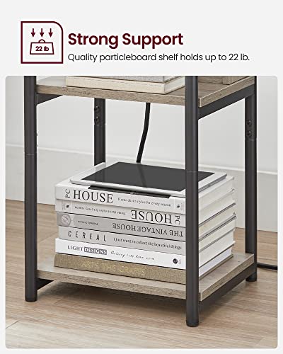 VASAGLE Side Table with Charging Station, 3-Tier End Table with USB Ports and Outlets, Nightstand for Living Room, Bedroom, 11.8 x 13.4 x 22.8 Inches, Plug-in Series, Greige and Black ULET373B02