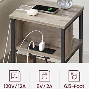 VASAGLE Side Table with Charging Station, 3-Tier End Table with USB Ports and Outlets, Nightstand for Living Room, Bedroom, 11.8 x 13.4 x 22.8 Inches, Plug-in Series, Greige and Black ULET373B02