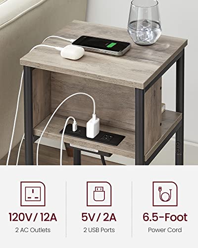 VASAGLE Side Table with Charging Station, 3-Tier End Table with USB Ports and Outlets, Nightstand for Living Room, Bedroom, 11.8 x 13.4 x 22.8 Inches, Plug-in Series, Greige and Black ULET373B02