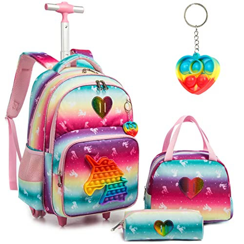 Meetbelify Unicorn Rolling Backpack for Girls Wheels Backpacks for Elementary Student Wheeled Trolley Trip Kids Luggage for Teen Girls with Lunch Box Pencil Case