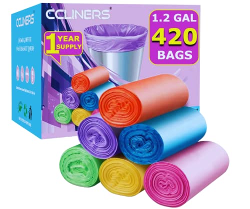 1.2 Gallon Small Trash Bags (420 Count) CCLINERS 1 Gallon Garbage Bags 5l Bathroom Trash Can Liners (420 Bags, 6 Colors)