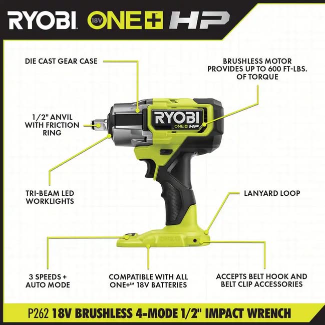 RYOBI P262K1 ONE+ HP 18V Brushless Cordless 4-Mode 1/2 in. Impact Wrench Kit w/ 4.0 Ah HIGH PERFORMANCE Lithium-Ion Battery & Charger