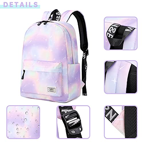 mygreen Tie Dye Girls Backpack, Kid Backpacks for Girls Cute Lightweight Bookbag with Lunch Bag Galaxy Green Purple