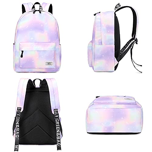 mygreen Tie Dye Girls Backpack, Kid Backpacks for Girls Cute Lightweight Bookbag with Lunch Bag Galaxy Green Purple