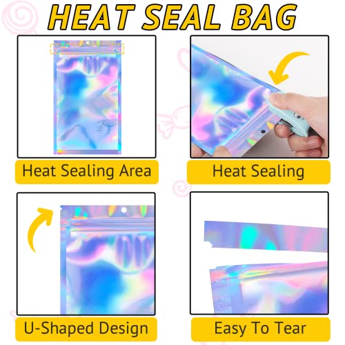 TIFICAL 100 PCS Smell Proof Bag, Holographic Bags Packaging Bags for Small Business, Foil Freshies Bags for Food Storage, Sample Bags Resealable Bags for Eyelash, Jewelry, Lip Gloss