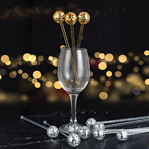 DISCO BALL DRINK STIRRERS glitter Drink Stirrers Lolipop Sticks Disposible for Last Disco disco bachelorette New Year’s Eve and wedding (silver)