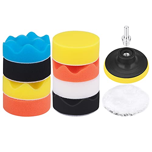 3 Inch Buffing and Polishing Pads Kit 11PCS Buffing Pads with Drill Adapter Foam Polisher Pad for Car Waxing