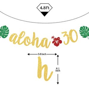 Aloha 30 Banner, Aloha Party Decorations, Hawaiian 30th Birthday Banner for Tropical Luau Birthday Party Decorations, Palm Leaf Decorations Gold Green Glitter