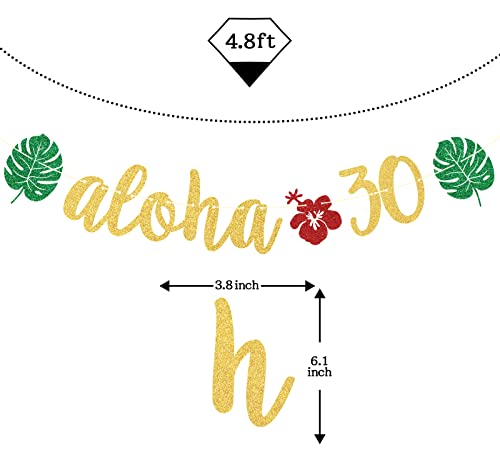 Aloha 30 Banner, Aloha Party Decorations, Hawaiian 30th Birthday Banner for Tropical Luau Birthday Party Decorations, Palm Leaf Decorations Gold Green Glitter