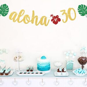 Aloha 30 Banner, Aloha Party Decorations, Hawaiian 30th Birthday Banner for Tropical Luau Birthday Party Decorations, Palm Leaf Decorations Gold Green Glitter