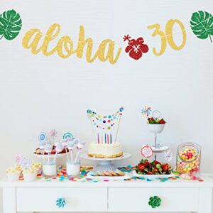 Aloha 30 Banner, Aloha Party Decorations, Hawaiian 30th Birthday Banner for Tropical Luau Birthday Party Decorations, Palm Leaf Decorations Gold Green Glitter