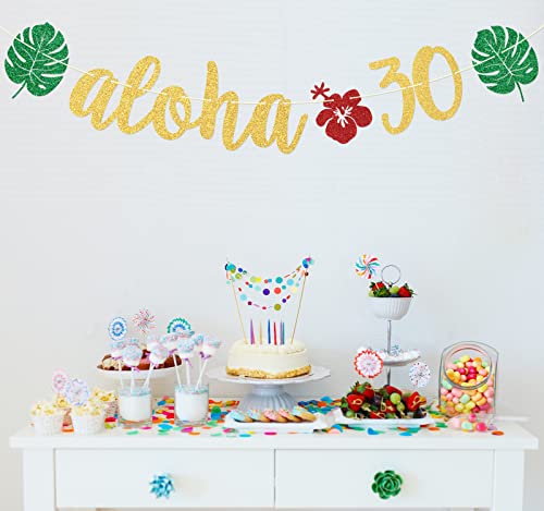 Aloha 30 Banner, Aloha Party Decorations, Hawaiian 30th Birthday Banner for Tropical Luau Birthday Party Decorations, Palm Leaf Decorations Gold Green Glitter