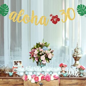 Aloha 30 Banner, Aloha Party Decorations, Hawaiian 30th Birthday Banner for Tropical Luau Birthday Party Decorations, Palm Leaf Decorations Gold Green Glitter