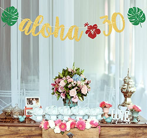 Aloha 30 Banner, Aloha Party Decorations, Hawaiian 30th Birthday Banner for Tropical Luau Birthday Party Decorations, Palm Leaf Decorations Gold Green Glitter