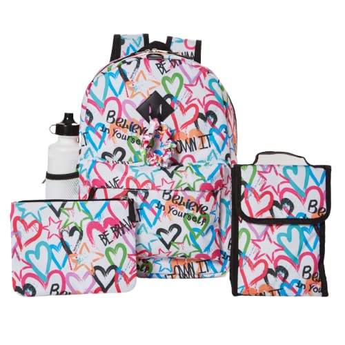 CLUB LIBBY LU Empowerment Heart Love Backpack Set for Girls, 16 inch, 6 Pieces - Includes Foldable Lunch Bag, Water Bottle, Scrunchie, & Pencil Case