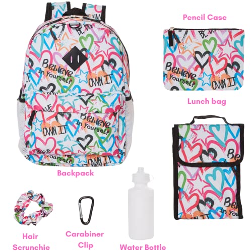 CLUB LIBBY LU Empowerment Heart Love Backpack Set for Girls, 16 inch, 6 Pieces - Includes Foldable Lunch Bag, Water Bottle, Scrunchie, & Pencil Case